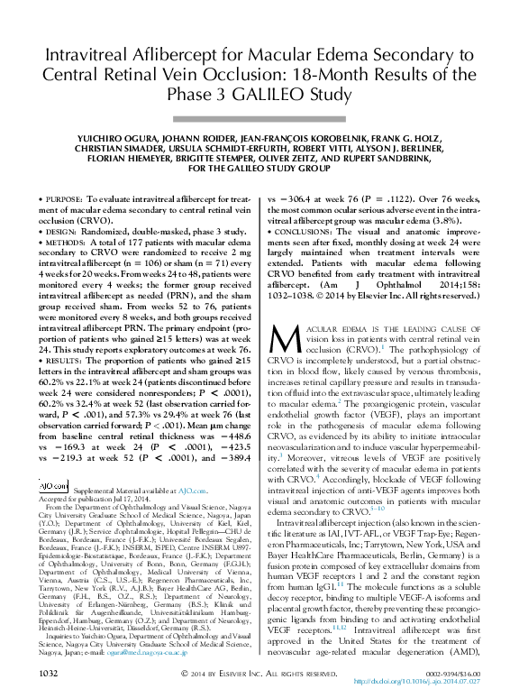 (PDF) Intravitreal Aflibercept Injection for Macular Edema Resulting ...