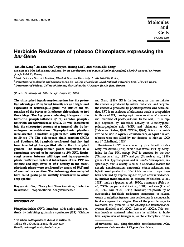 (PDF) Herbicide Resistance of Tobacco Chloroplasts Expressing the bar Gene