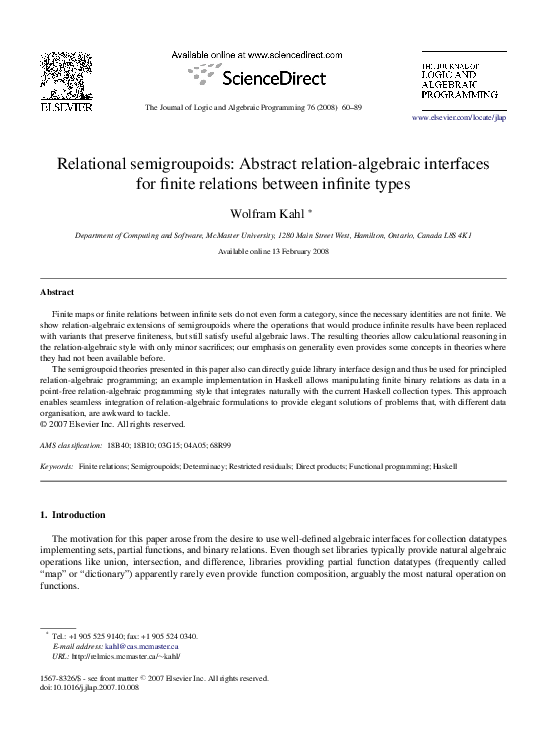 (PDF) Relational semigroupoids: Abstract relation-algebraic interfaces for finite relations ...
