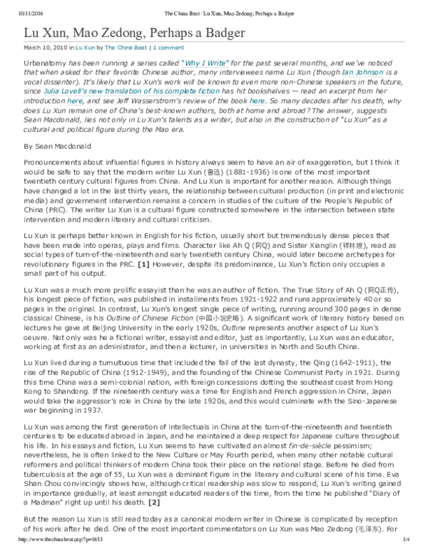(PDF) Lu Xun, Mao Zedong, Perhaps a Badger
