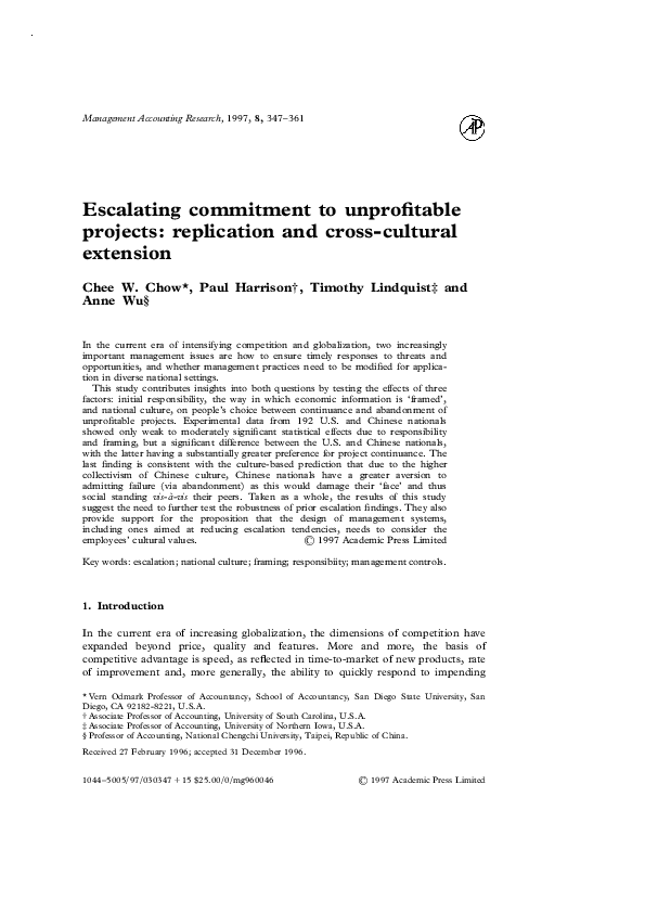 (PDF) Escalating commitment to unprofitable projects: replication and ...