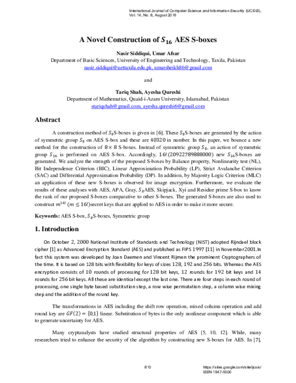 (PDF) A Novel Construction of S16 AES S-boxes