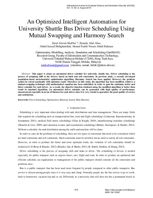 Pdf An Optimized Intelligent Automation For University Shuttle Bus Driver Scheduling Using