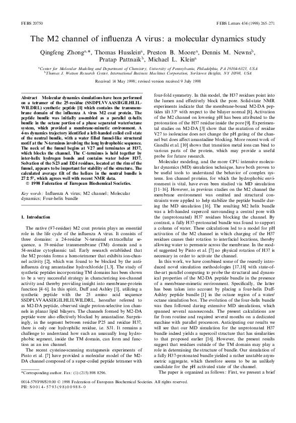 (PDF) The M2 channel of influenza A virus: a molecular dynamics study
