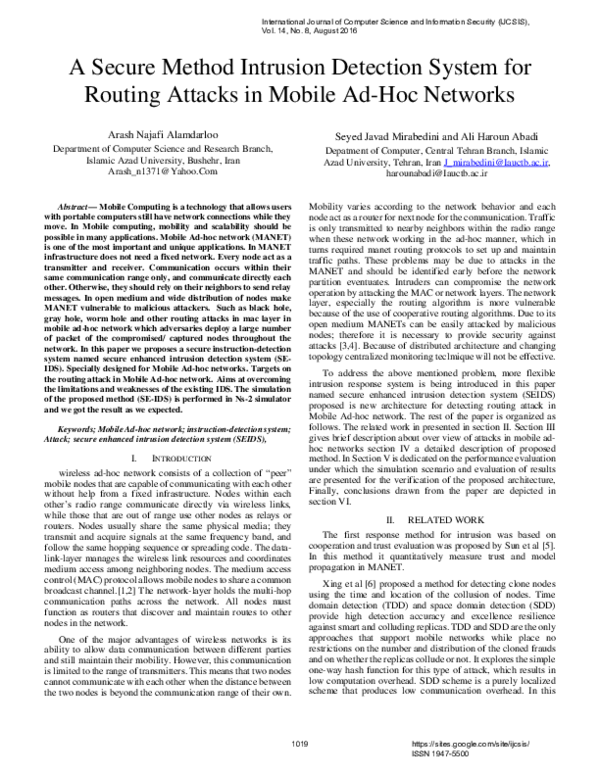 Pdf A Secure Method Intrusion Detection System For Routing Attacks In