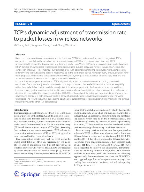 (PDF) TCP’s dynamic adjustment of transmission rate to packet losses in wireless networks