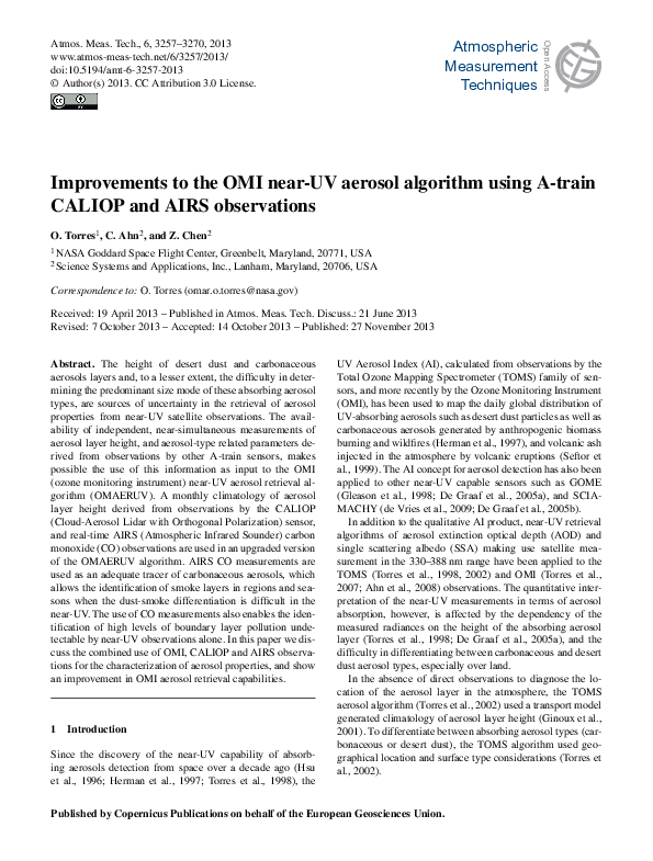 (PDF) Improvements to the OMI near UV aerosol algorithm using A-train CALIOP and AIRS observations