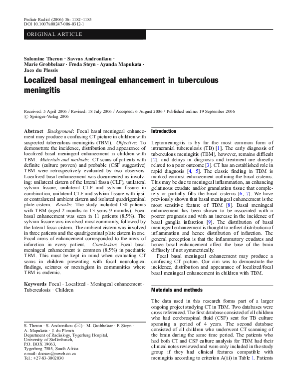 (PDF) Localized basal meningeal enhancement in tuberculous meningitis