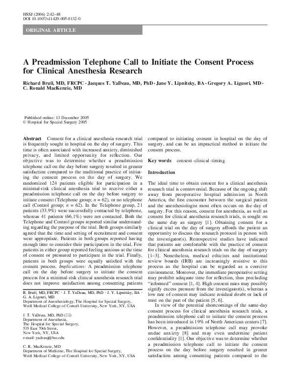 (PDF) A Preadmission Telephone Call to Initiate the Consent Process for ...