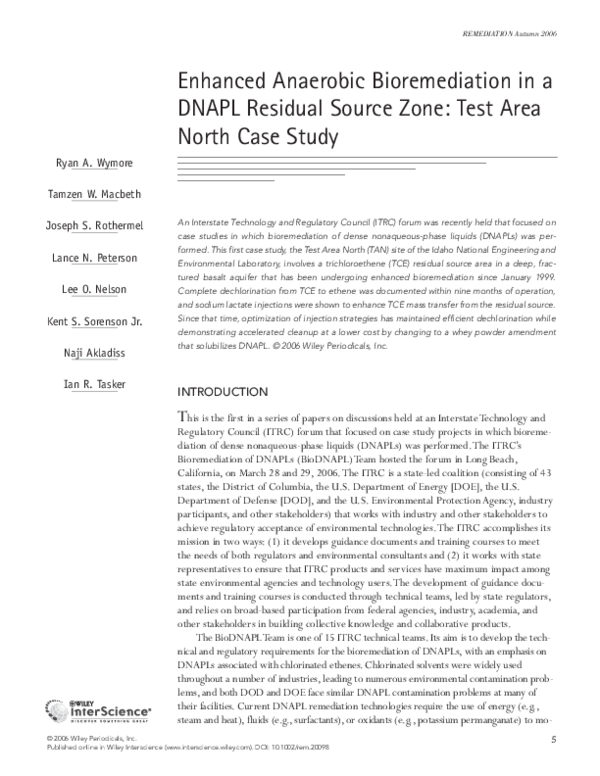 (PDF) Enhanced anaerobic bioremediation in a DNAPL residual source zone ...