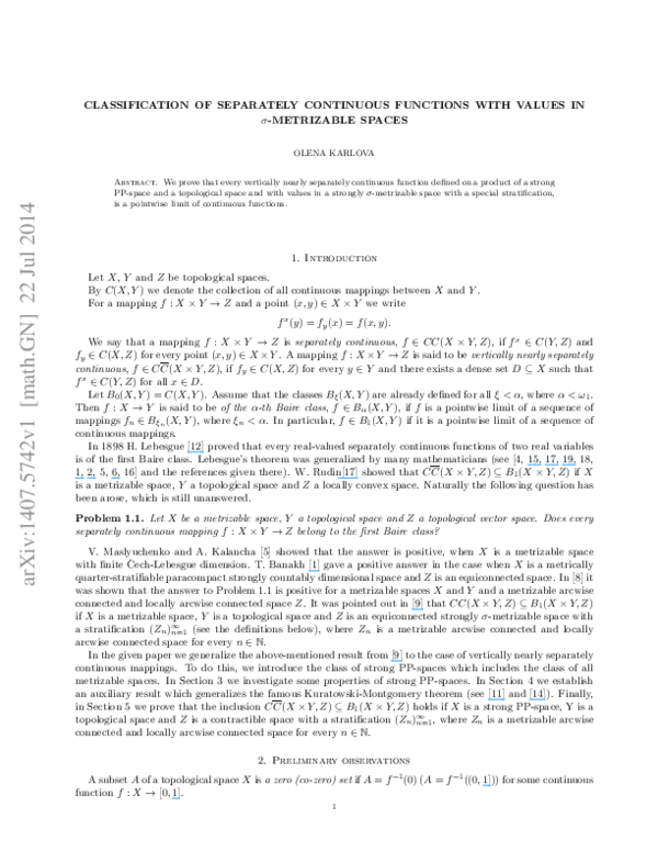 Pdf Classification Of Separately Continuous Functions With Values In Sigma Metrizable Spaces