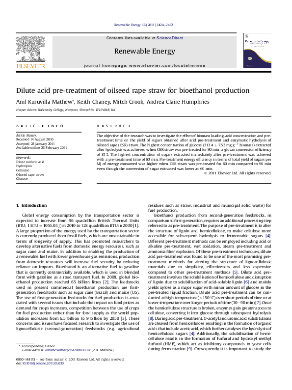 (PDF) Dilute acid pre-treatment of oilseed rape straw for bioethanol ...