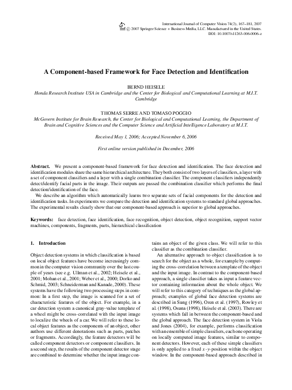 Pdf A Component Based Framework For Face Detection And Identification