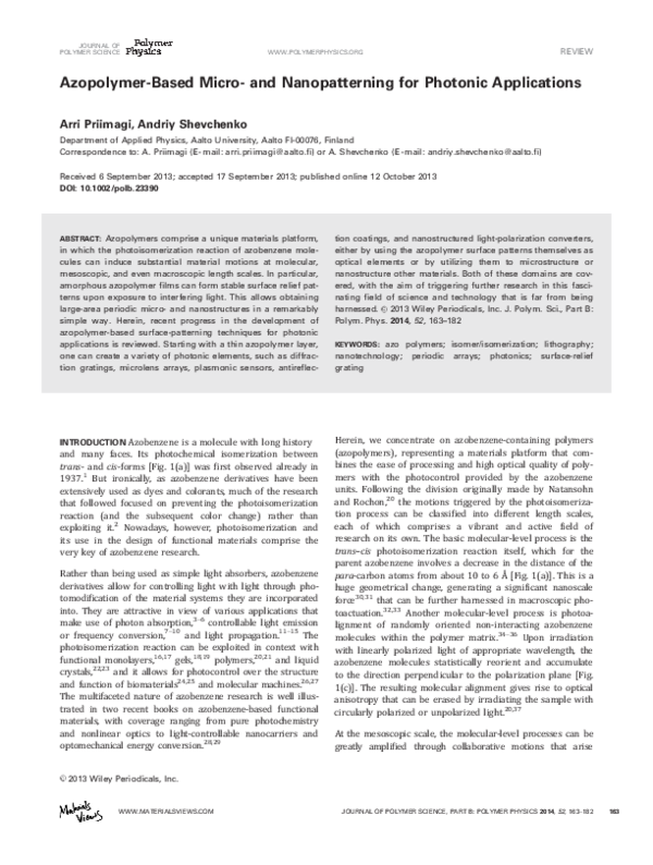 (PDF) Azopolymer-based micro- and nanopatterning for photonic applications | Andriy Shevchenko ...