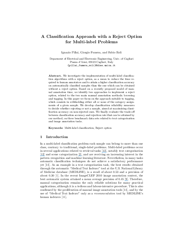 Pdf A Classification Approach With A Reject Option For Multi Label Problems