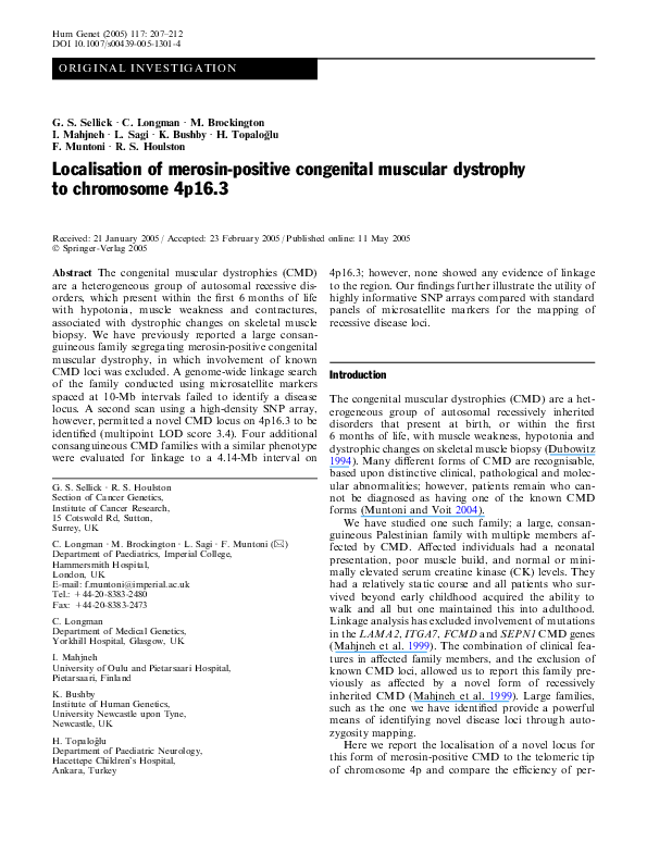 (PDF) Localisation of merosin-positive congenital muscular dystrophy to ...