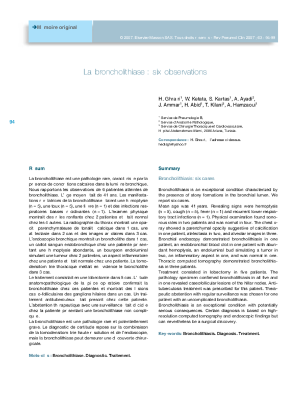 (PDF) La broncholithiase : six observations | W. Ketata - Academia.edu
