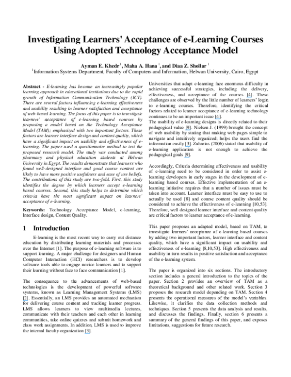 Pdf Investigating Learners Acceptance Of E Learning Courses Using