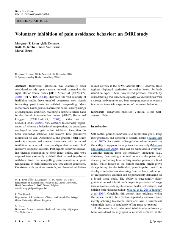 (PDF) Voluntary inhibition of pain avoidance behavior: an fMRI study