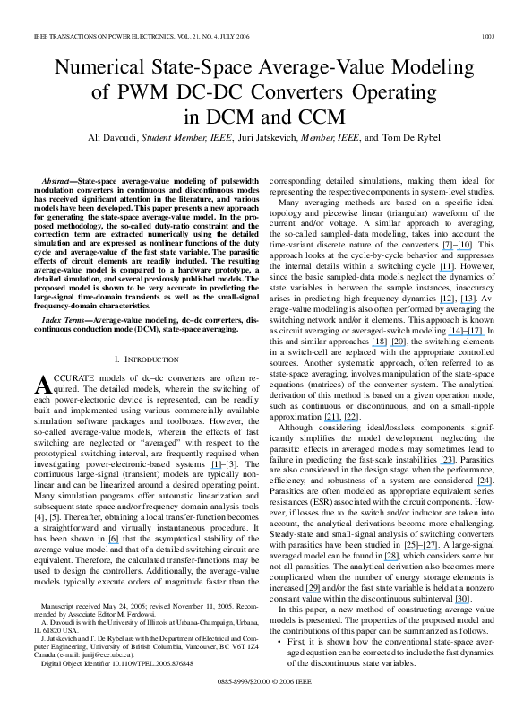 Pdf Numerical State Space Average Value Modeling Of Pwm Dc Dc Converters Operating In Dcm And Ccm