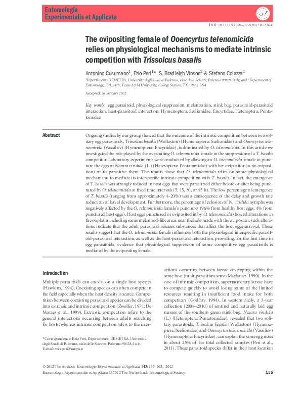 (PDF) The ovipositing female of Ooencyrtus telenomicida relies on ...