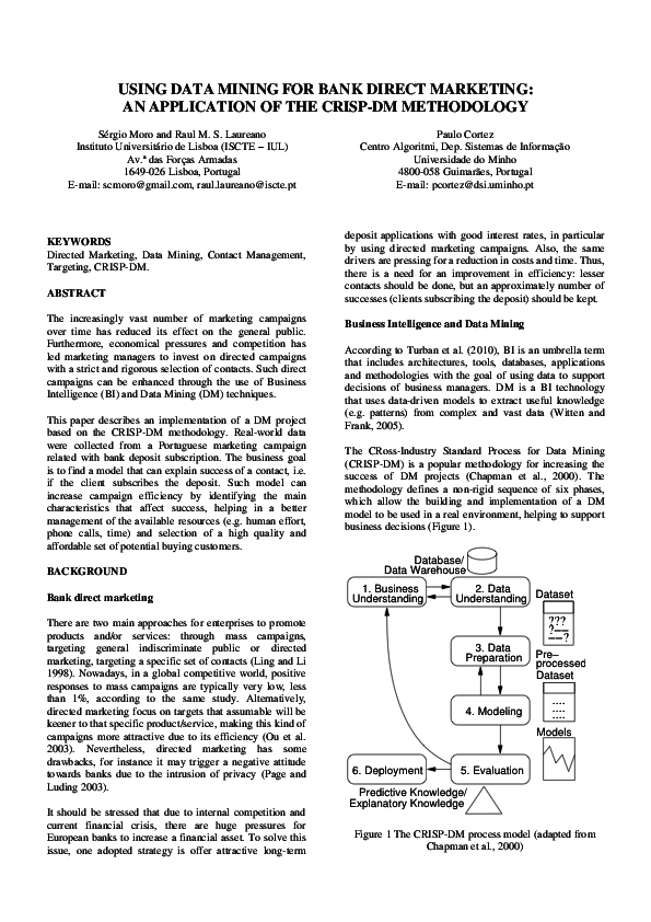 Pdf Using Data Mining For Bank Direct Marketing An Application Of The Crisp Dm Methodology