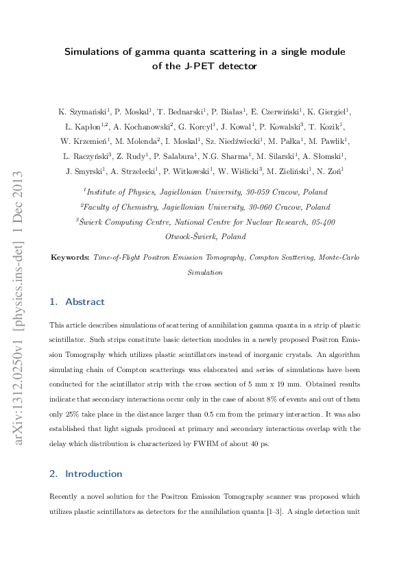 (PDF) Simulations of γ quanta scattering in a single module of the J-PET detector | Szymon ...