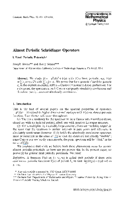 Pdf Almost Periodic Schrödinger Operators I Limit Periodic Potentials
