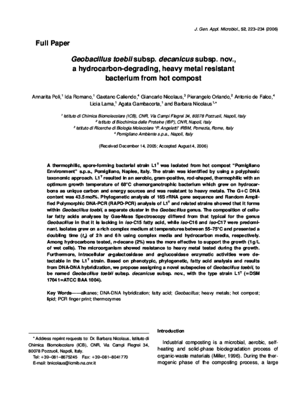 (PDF) Geobacillus toebii subsp. decanicus subsp. nov., a hydrocarbon ...
