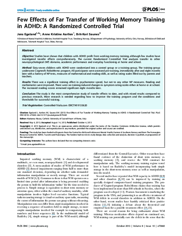 (PDF) Few Effects of Far Transfer of Working Memory Training in ADHD: A Randomized Controlled Trial