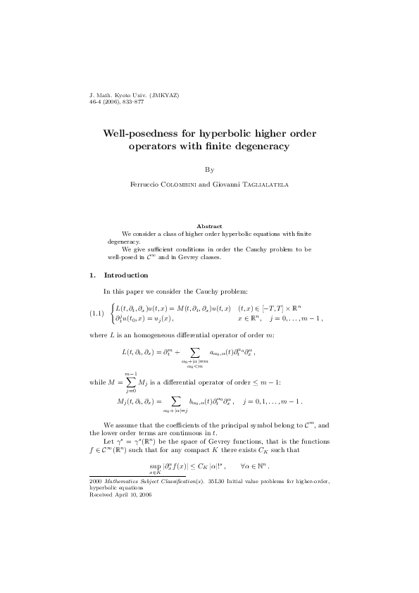 (PDF) Well-posedness for hyperbolic higher order operators with finite degeneracy