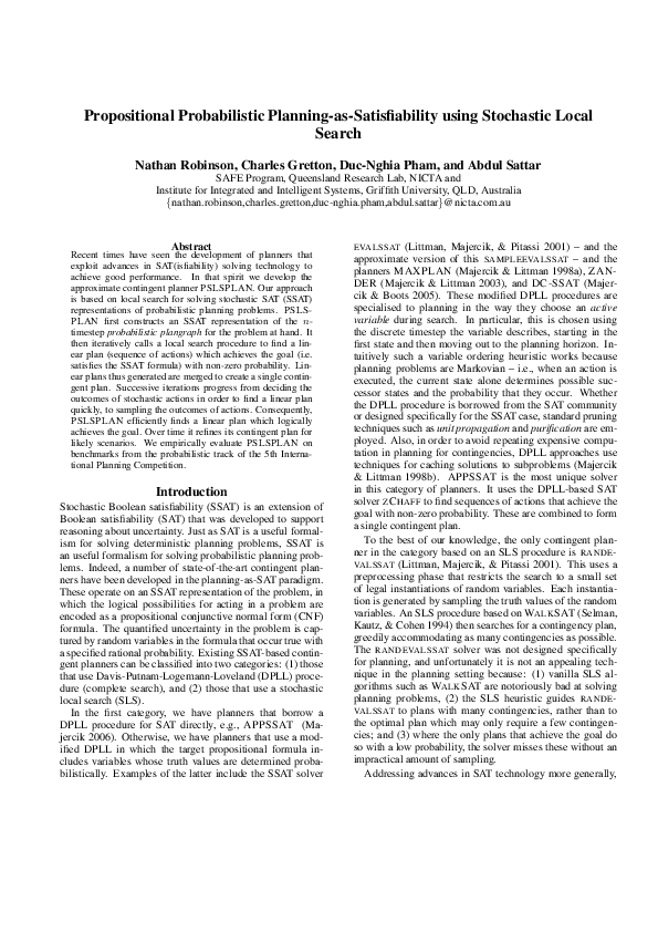 (PDF) Propositional Probabilistic Planning-as-Satisfiability using Stochastic Local Search