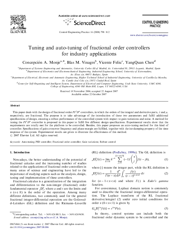 Pdf Tuning And Auto Tuning Of Fractional Order Controllers For Industry Applications