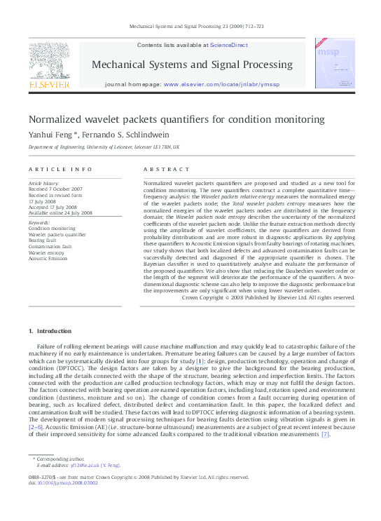 (PDF) Normalized wavelet packets quantifiers for condition monitoring