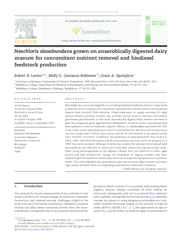(PDF) Neochloris oleoabundans grown on anaerobically digested dairy ...