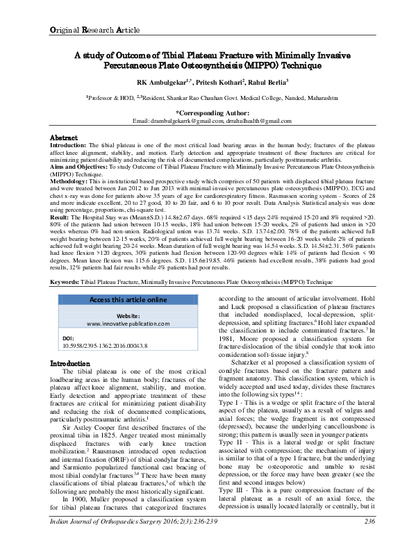 (PDF) A study of Outcome of Tibial Plateau Fracture with Minimally ...