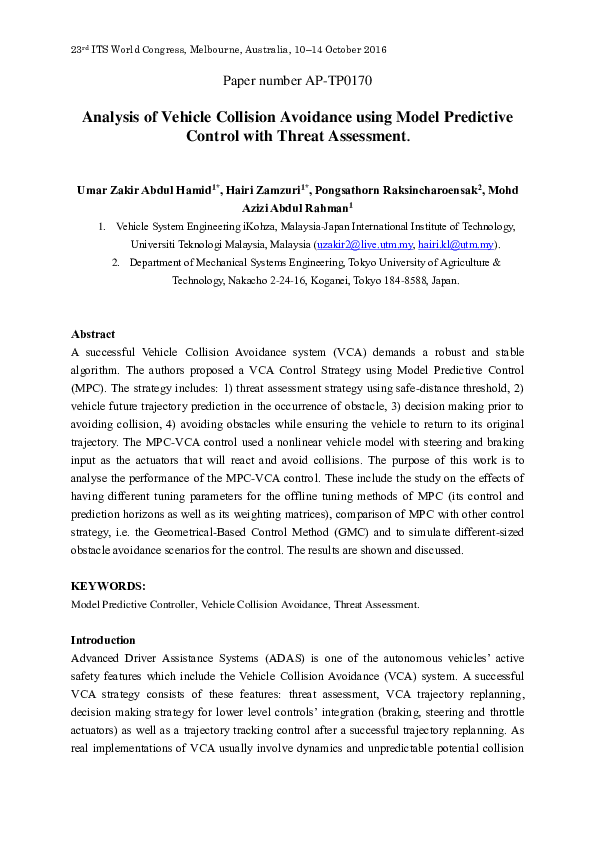 (PDF) Analysis of Vehicle Collision Avoidance using Model Predictive Control with Threat Assessment
