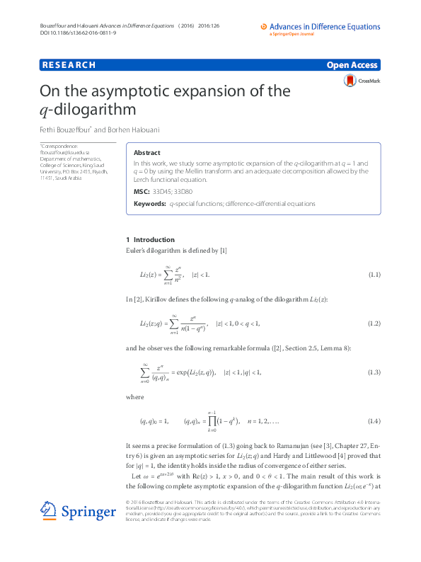 (PDF) On the asymptotic expansion of the q-dilogarithm