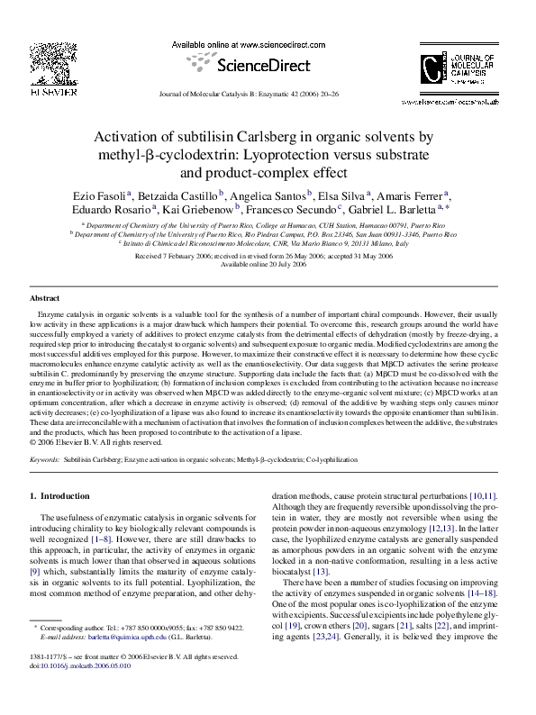(PDF) Activation of subtilisin Carlsberg in organic solvents by methyl ...