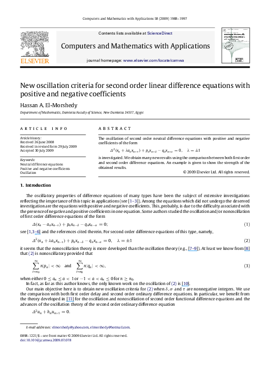 (PDF) New Oscillation criteria for second order linear difference equations with positive and ...
