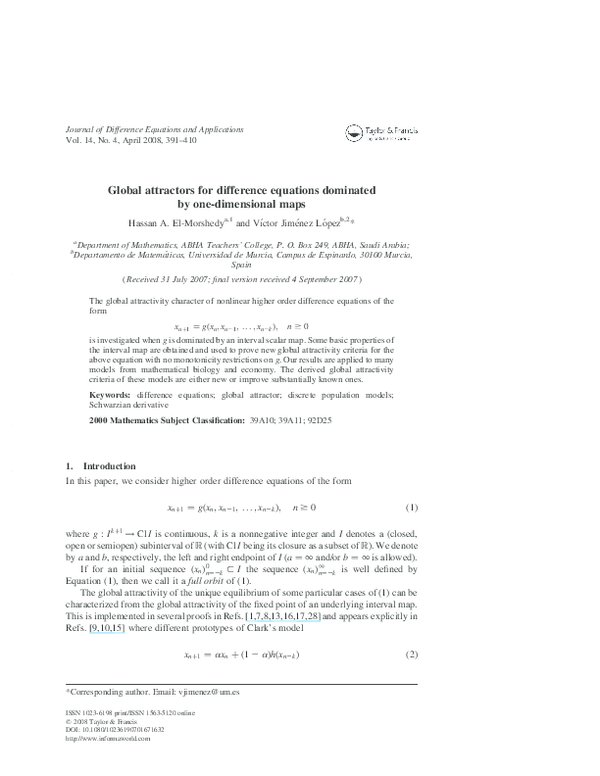 (PDF) Global attractors for difference equations dominated by one-dimensional maps