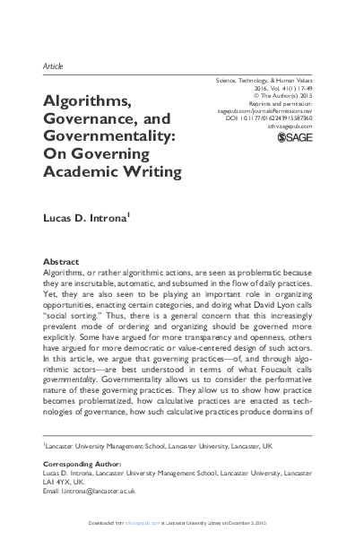 (PDF) Algorithms, Governance, and Governmentality: On Governing Academic Writing