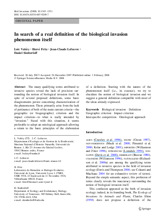 (PDF) In search of a real definition of the biological invasion ...