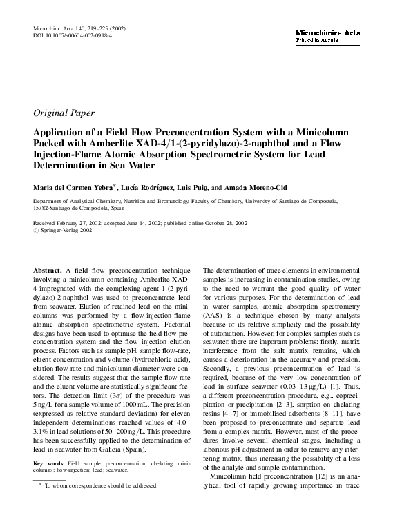 Pdf Application Of A Field Flow Preconcentration System With A Minicolumn Packed With