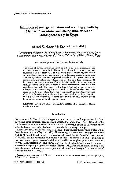 (PDF) Inhibition of seed germination and seedling growth by Cleome droserifolia and allelopathic ...
