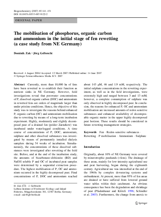 (PDF) The mobilisation of phosphorus, organic carbon and ammonium in ...