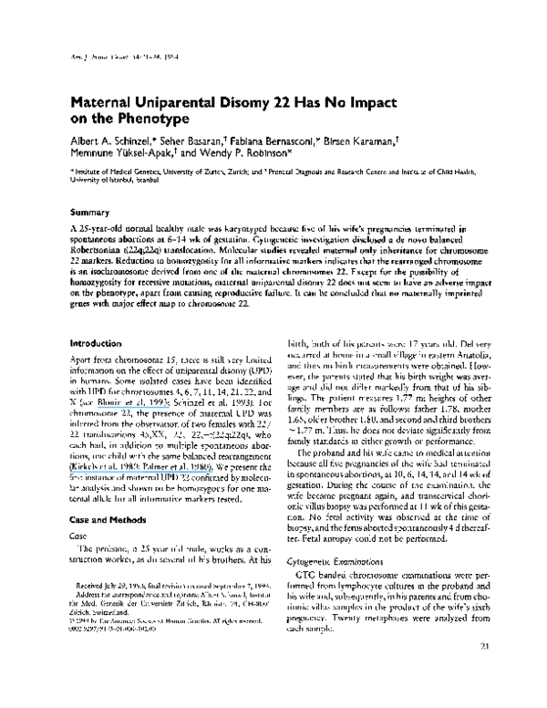 (PDF) Maternal uniparental disomy 22 has no impact on the phenotype