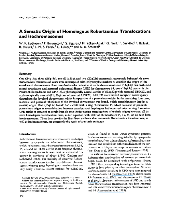 (PDF) A somatic origin of homologous Robertsonian translocations and ...