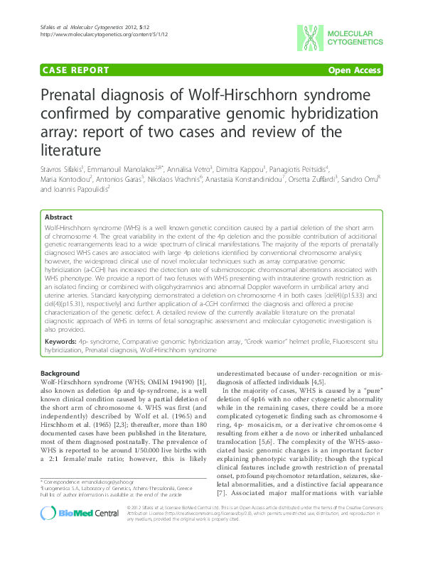 (PDF) Prenatal diagnosis of Wolf-Hirschhorn syndrome confirmed by comparative genomic ...