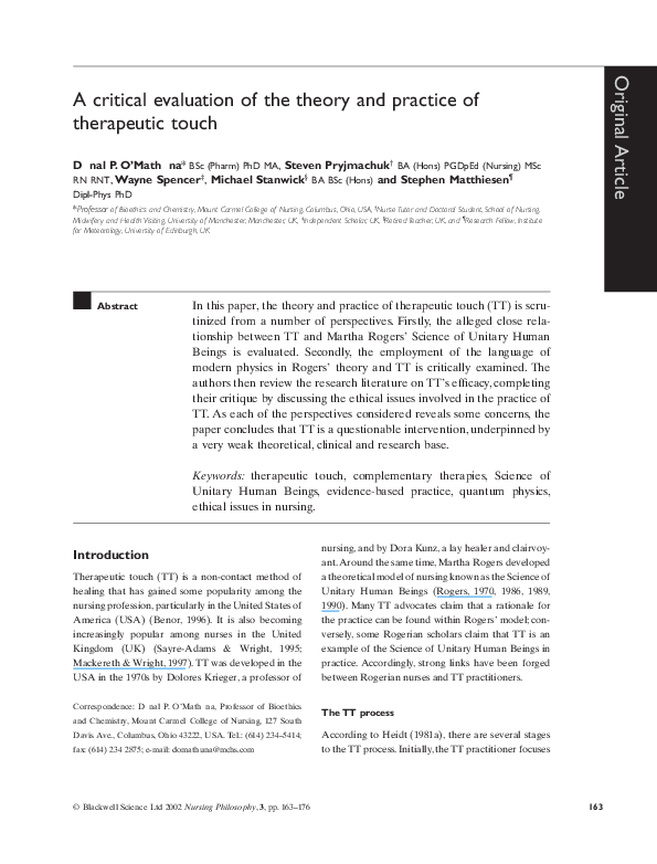 (PDF) A critical evaluation of the theory and practice of therapeutic touch
